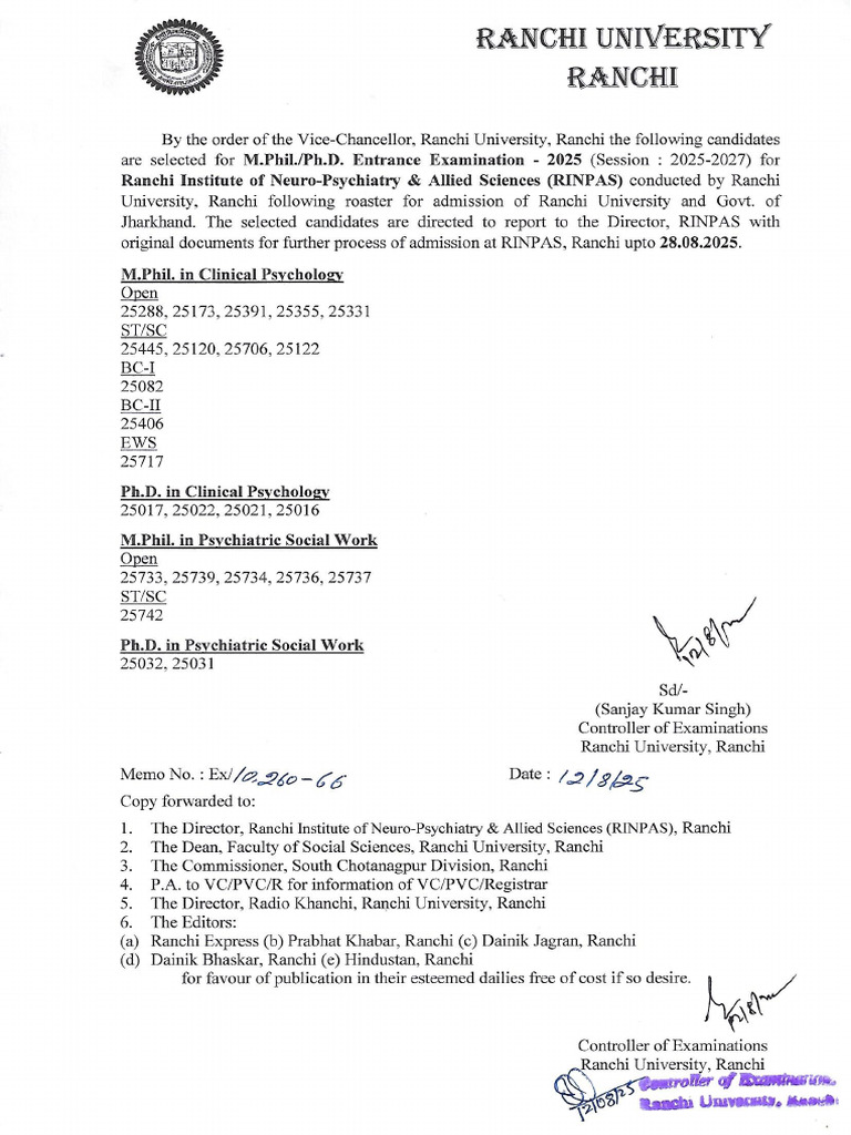 NoticeResult For M.phil, Ph.D. Entrance Examination 2025 of RINPAS | PDF