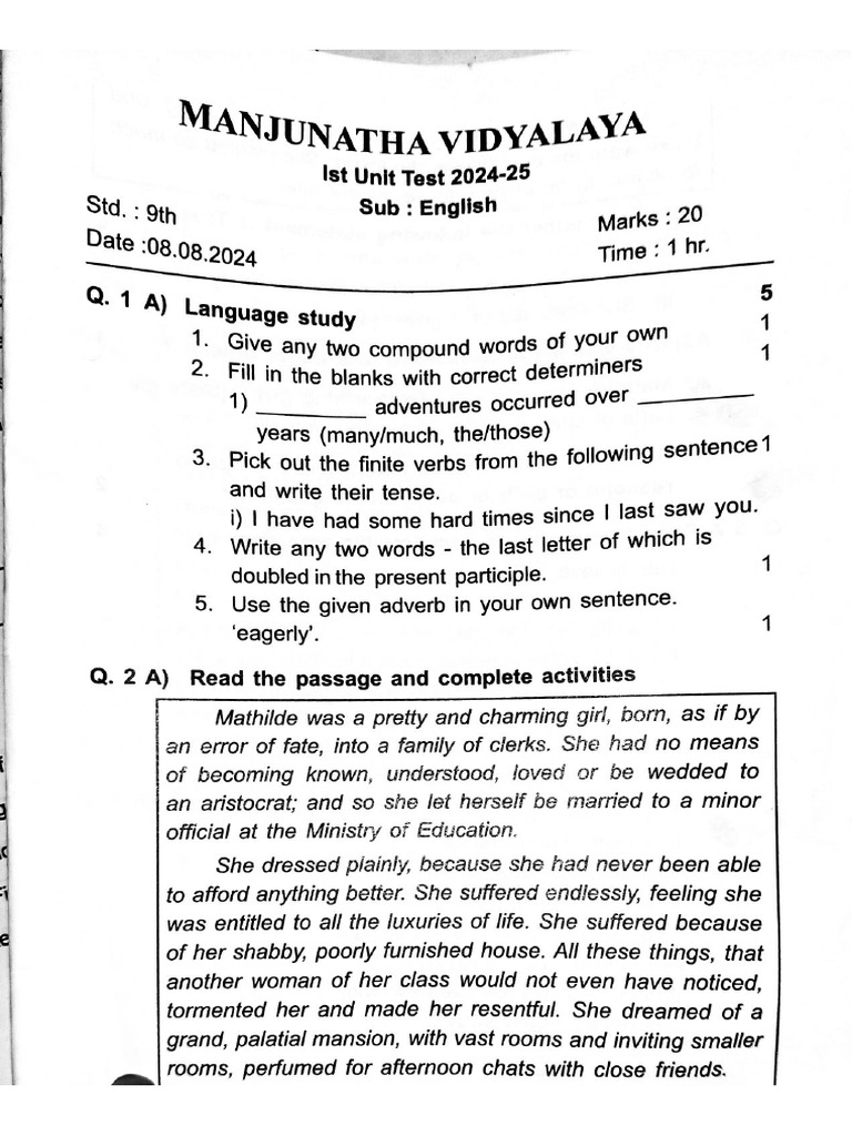 STD 9th, Eng Unit 1 Question Paper | PDF