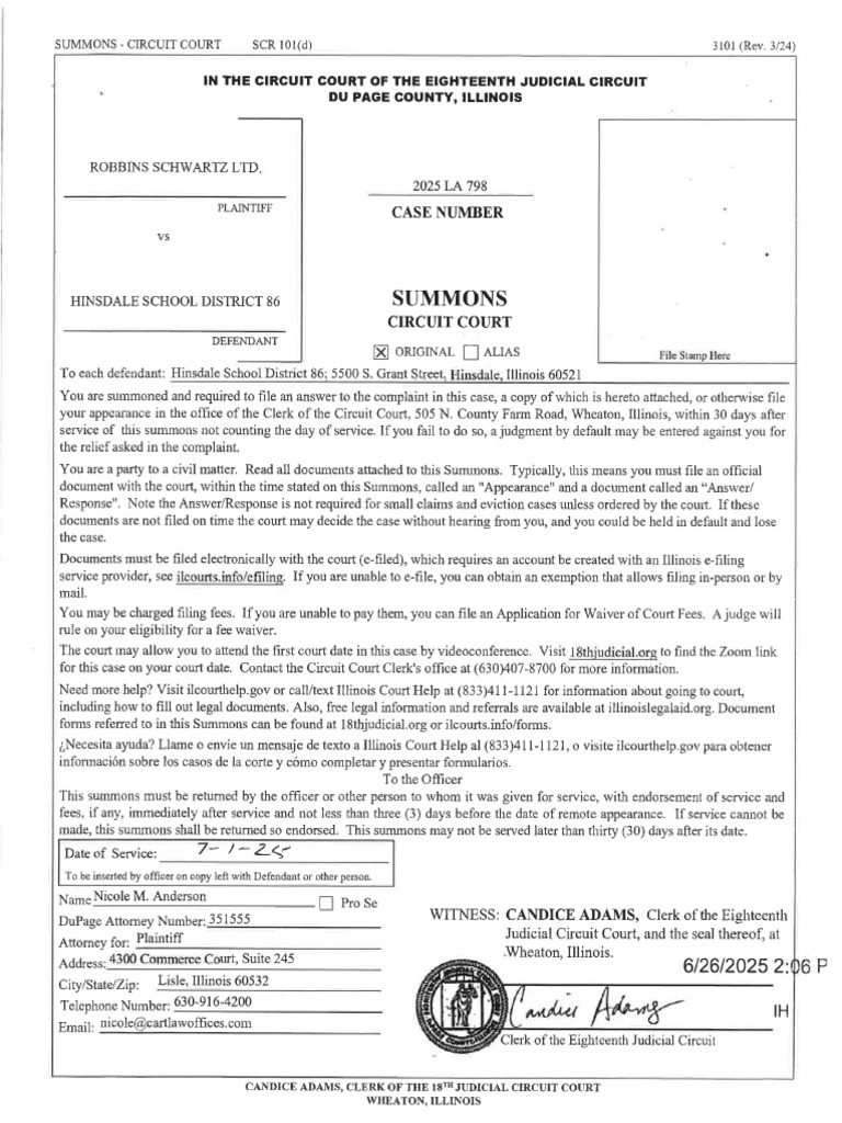 Robbins Schwartz Lawsuit Against Hinsdale District 86 | PDF