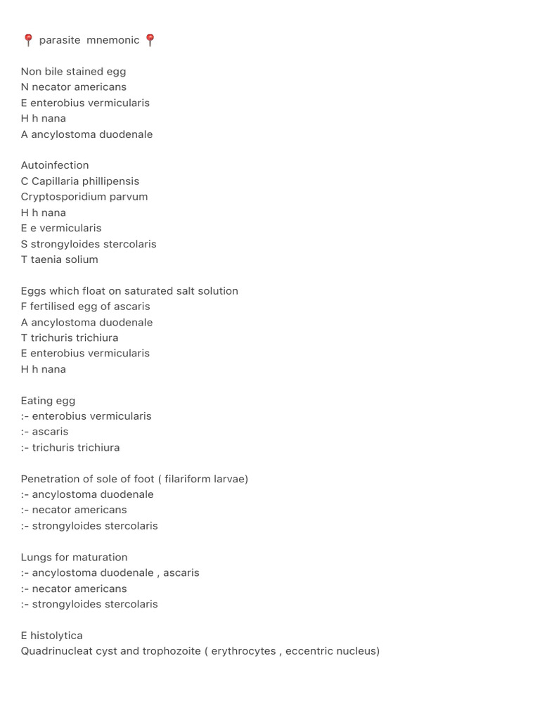 Parasite Egg Mnemonics Guide | PDF
