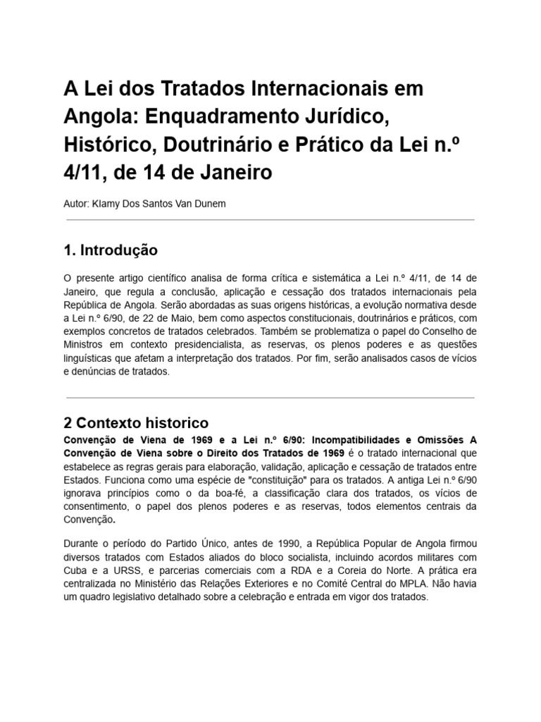 Lei dos Tratados em Angola: Análise Crítica | PDF | Tratado | Angola