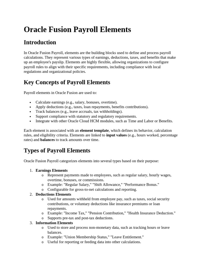 Oracle Fusion Payroll Elements Overview | PDF | Payroll | Payroll Tax