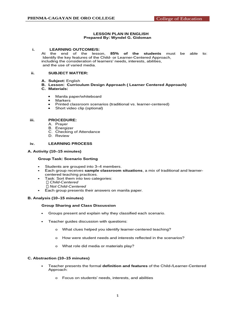 Learner-Centered Lesson Plan Example | PDF | Lesson Plan | Learning