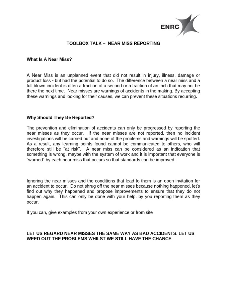 Near Miss Reporting Toolbox Talk | PDF
