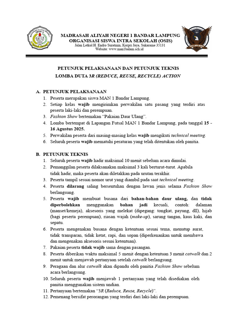 Petunjuk Pelaksanaan Dan Petunjuk Teknis Duta 3R Action | PDF