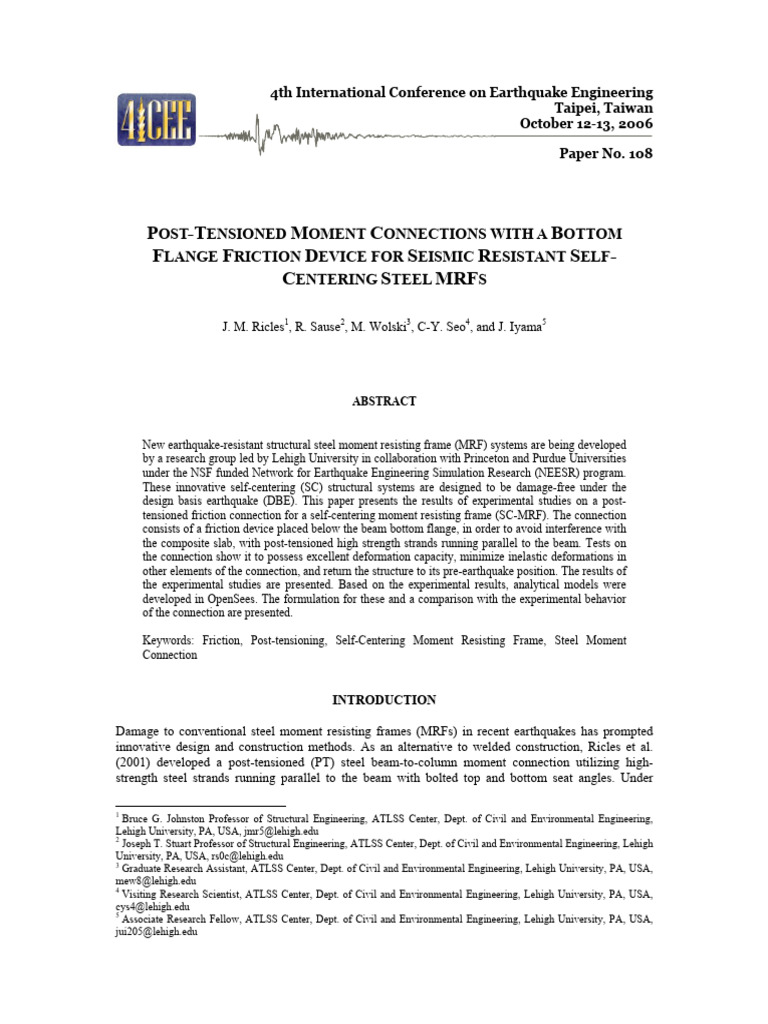 2006 Post-Tensioned Moment Connections With A Bottom Flange Friction ...