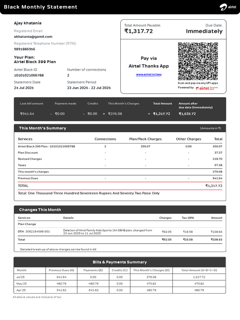 Airtel Black Plan Bill Summary for July 2025 | PDF | Credit Card ...
