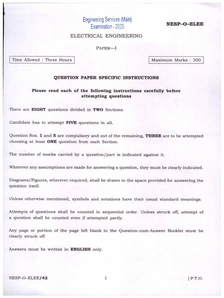 Electrical Engineering Paper I QP Esem 25 110825 | PDF