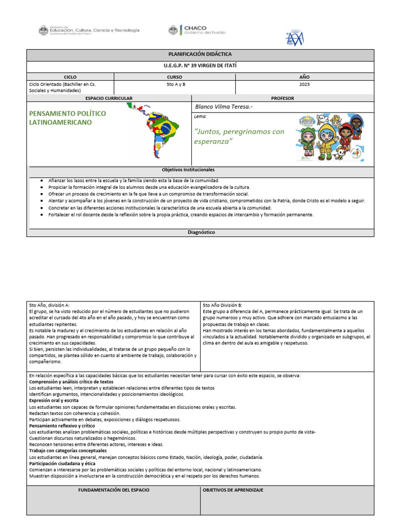 PLANIFICACIÓN DIDÁCTICA ANUAL - Pensamiento Político Latinoamericano - Profesora Blanco Vilma ...