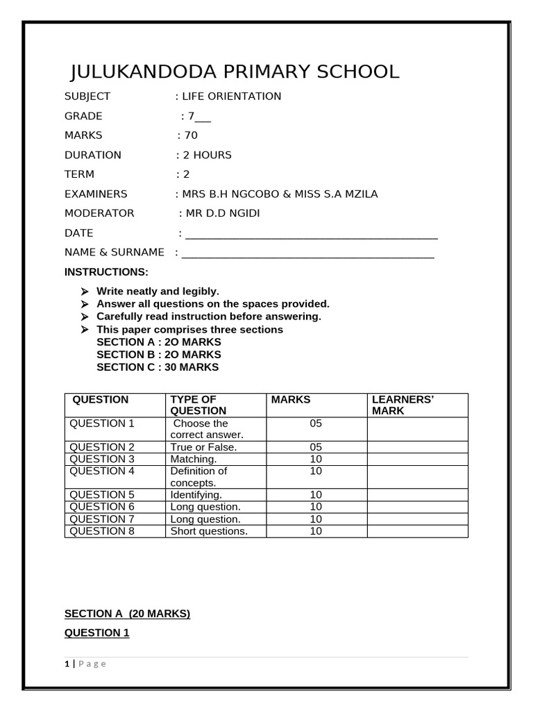 Life Orientation Term 2 JUNE Exam | PDF | Adolescence | Behavioural Sciences