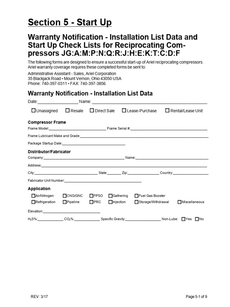 Ariel Compressor Start-Up Checklist | PDF | Piston | Distributor