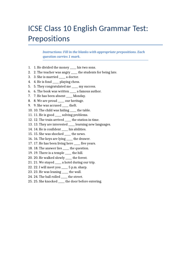 ICSE Class 10 Prepositions Practice Test | PDF