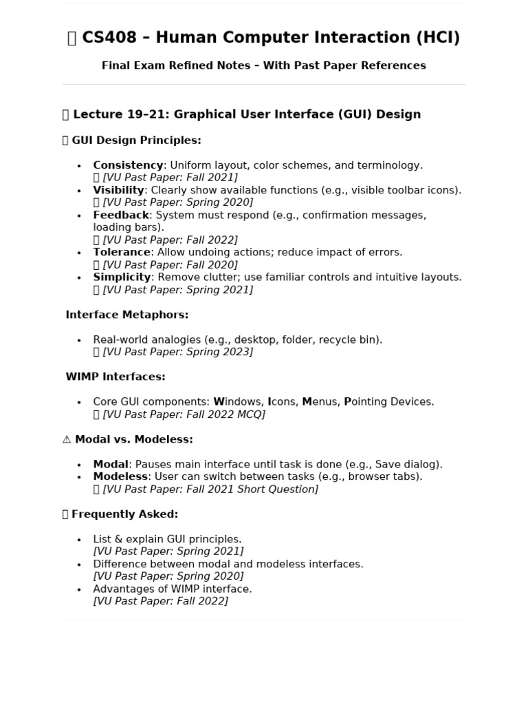 HCI Final Exam Notes with Past Papers | PDF | Usability | Graphical ...