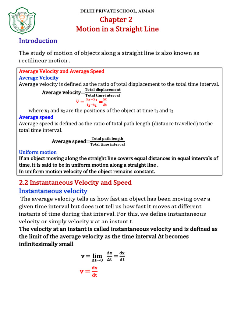Motion in A Straight Line Notes | PDF | Acceleration | Velocity