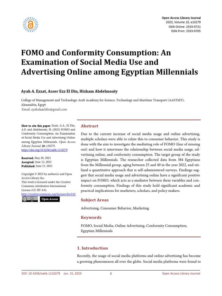 FOMO and Conformity Consumption An Examination of Social Media Use and ...