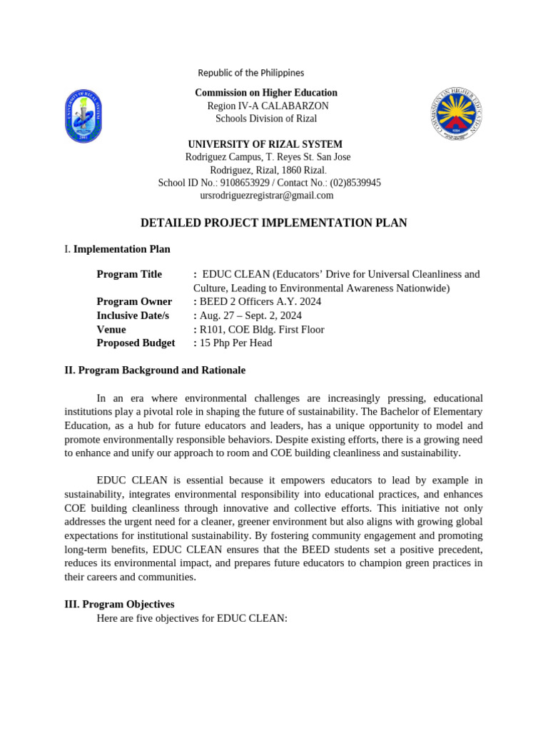 Project Implimentation Plan | PDF | Sustainability | Natural Environment