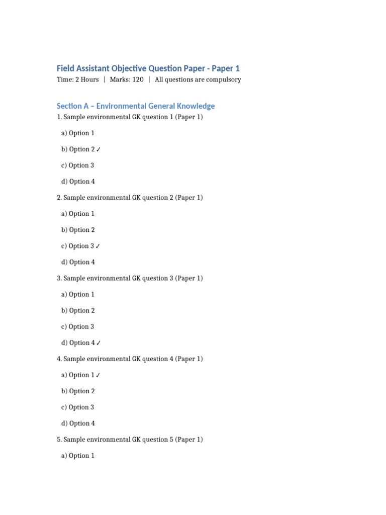 Field Assistant Objective Papers 1 To 3 | PDF | Environmental Impact ...