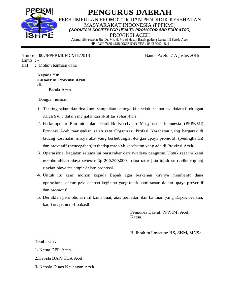 Permohonan Dana Operasional PPPKMI Aceh | PDF