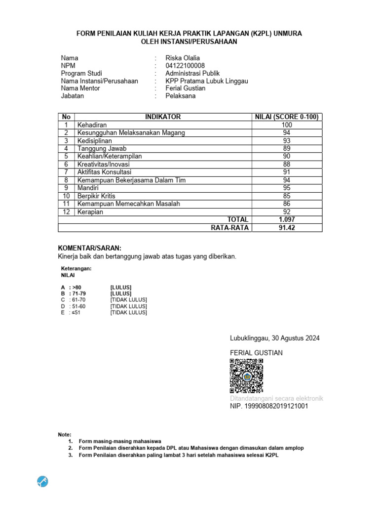 Form Penilaian Kuliah Kerja Praktik Lapangan Riska | PDF