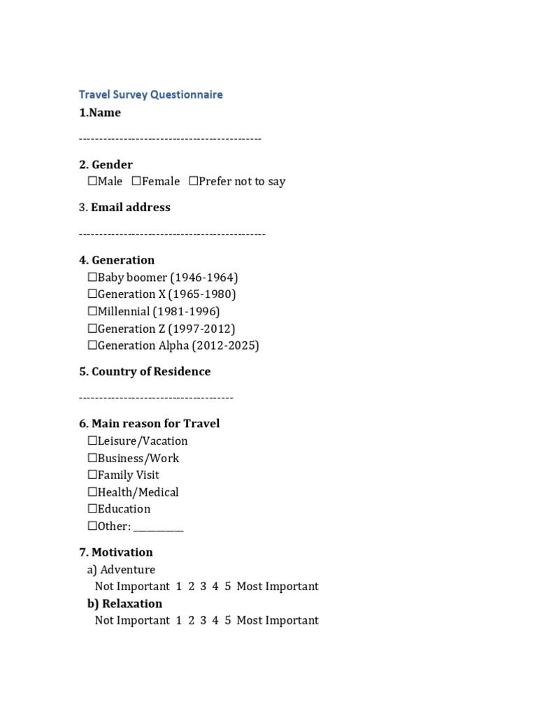 Travel Preferences Survey Form | PDF