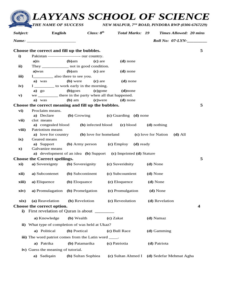 8th English Mid Term 2020 | PDF