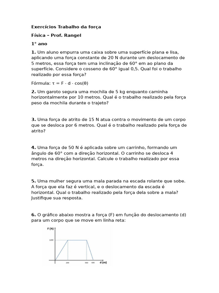 Exercícios sobre Trabalho de Força | PDF