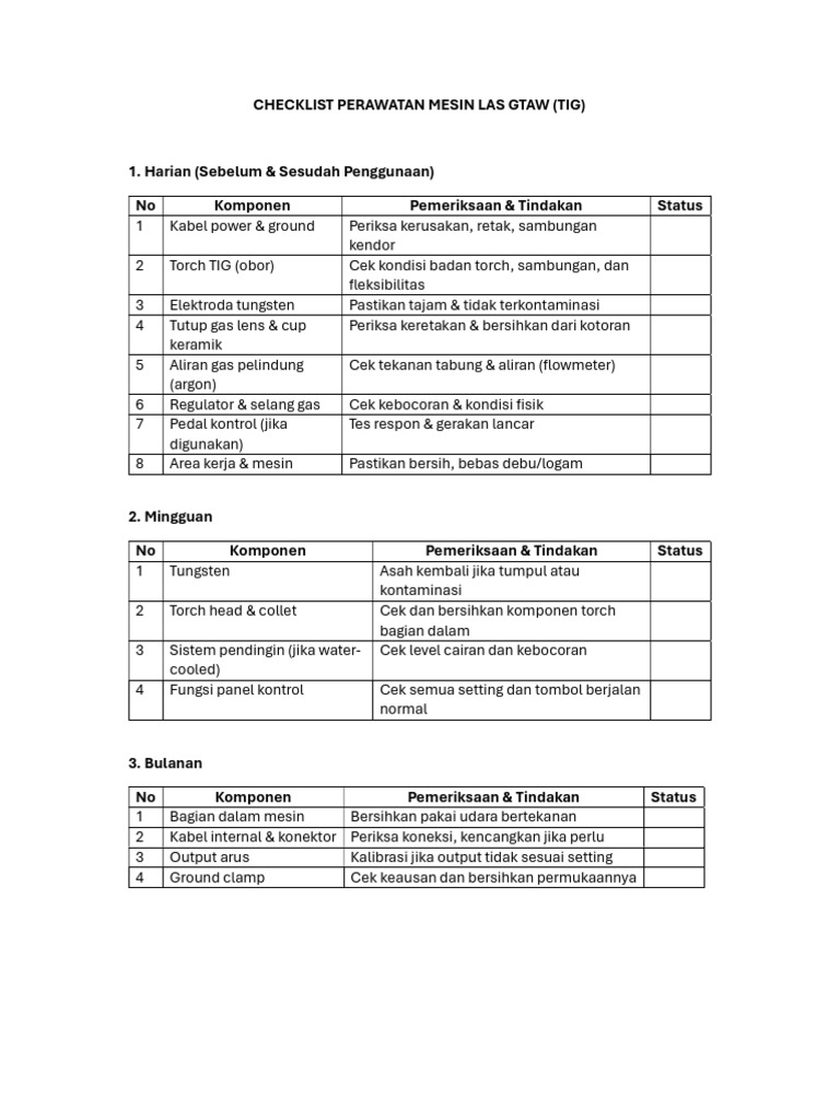 Checklist Perawatan Mesin Las TIG | PDF