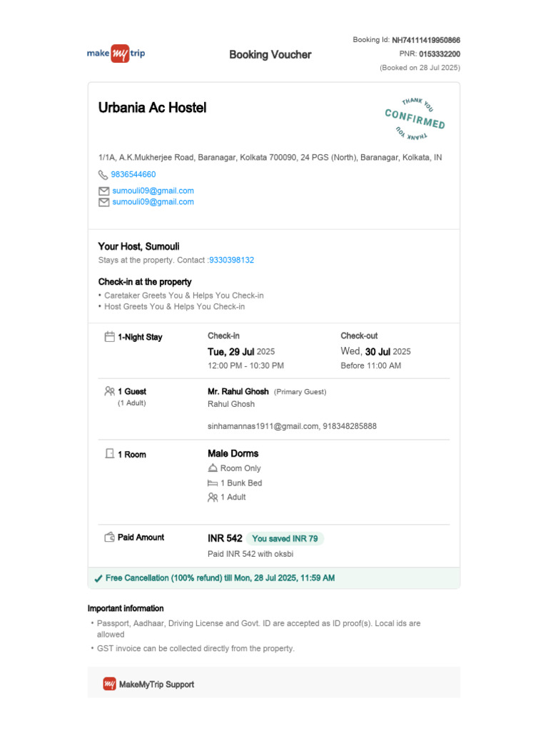 GST Invoice and Booking Details for Urbania Ac Hostel | PDF