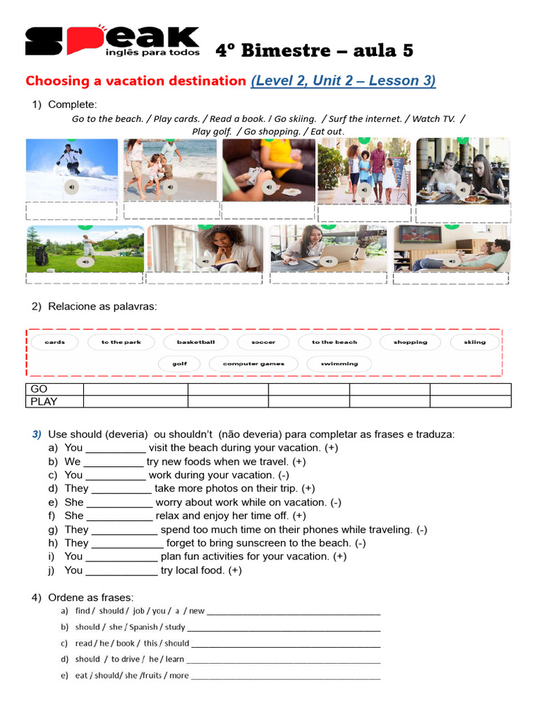 ATIVIDADE - AULA 5 - Choosing A Vacation Destination | PDF