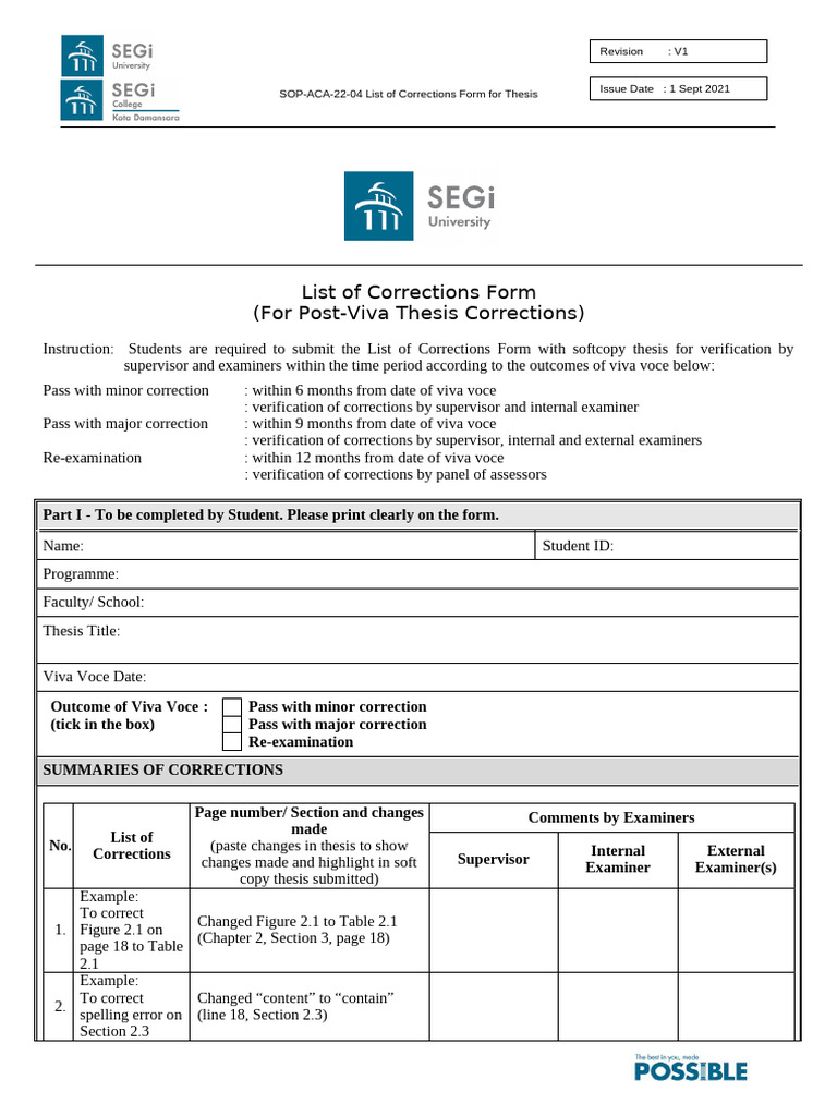 1 - SOP-ACA-22-04 List of Corrections Form For Thesis - V1 | PDF ...