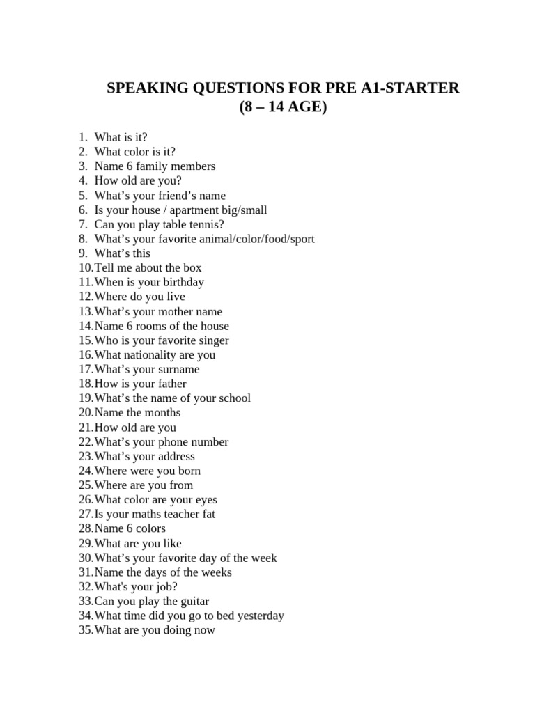 Speaking Questions For Pre A1 | PDF