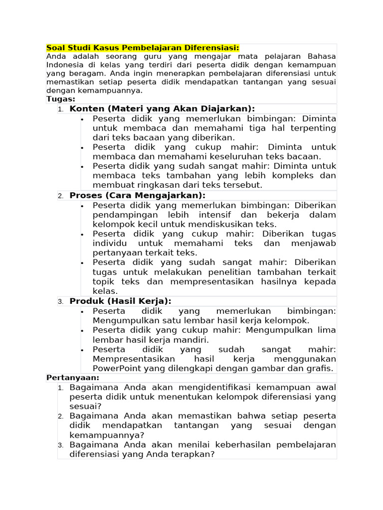 Soal Studi Kasus Pembelajaran Diferensiasi | PDF
