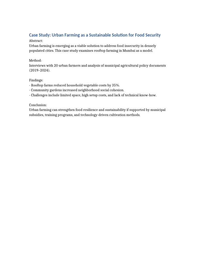 Case Study Urban Farming As A Sustainable Solution For Food Security | PDF