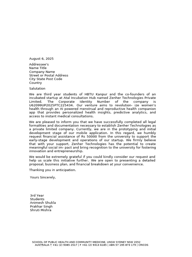 UNSW Formal Letter Template | PDF