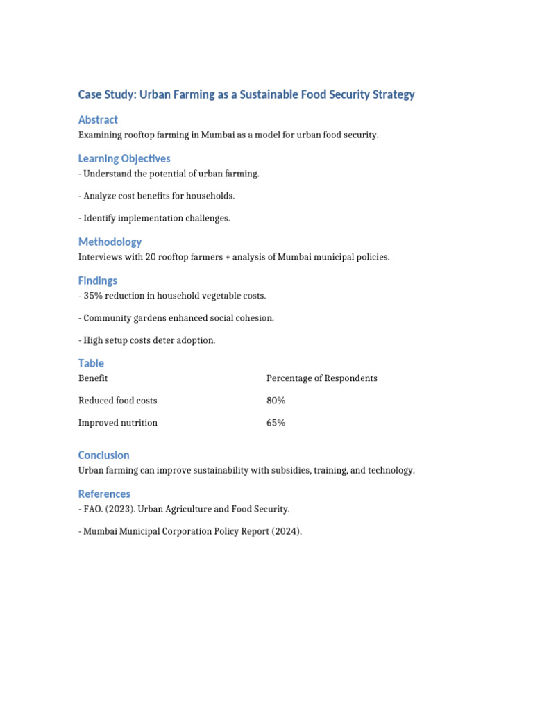 Case Study Urban Farming As A Sustainable Food Security Strategy | PDF