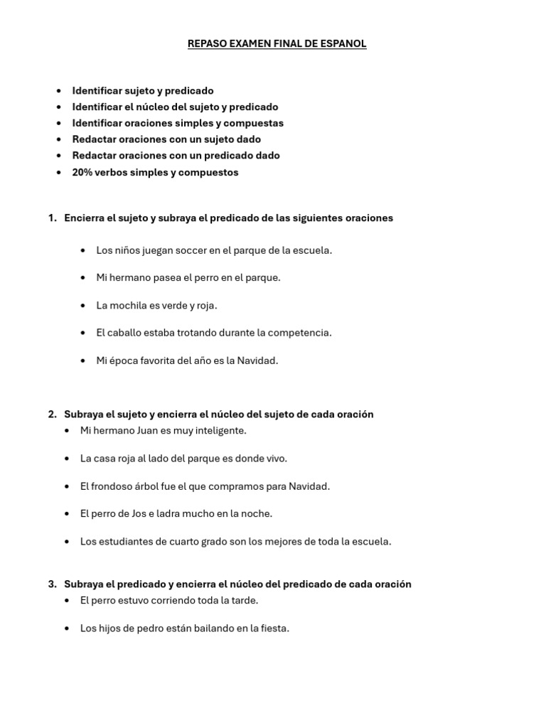 Repaso Examen Final de Espanol | PDF | Predicado (Gramática)