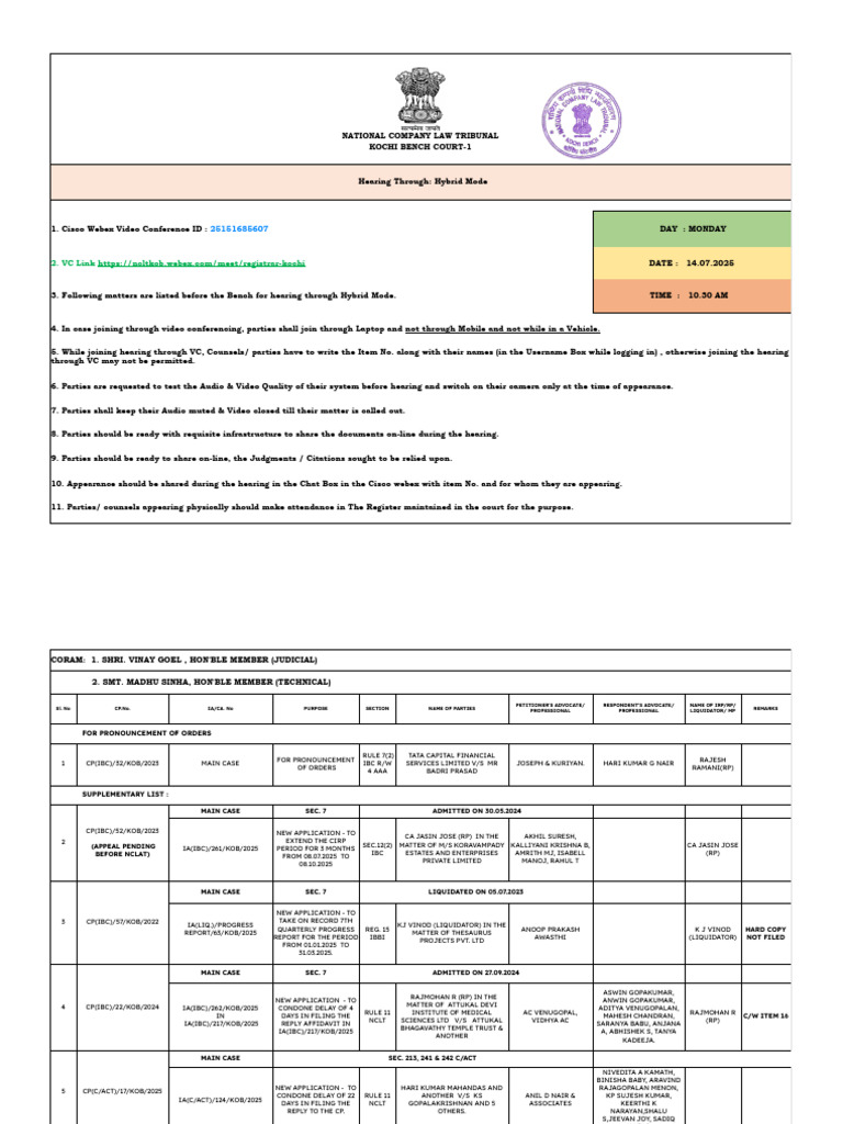 Daily Cause List - 14.07.2025 | PDF