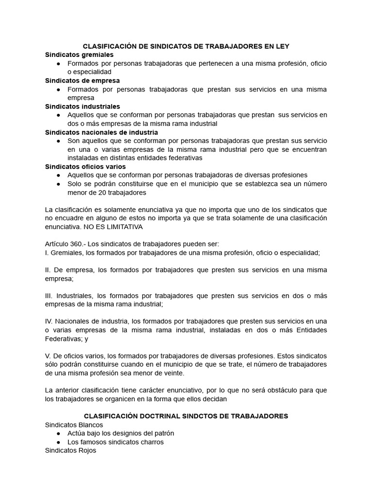 Clasificación de Sindicatos de Trabajadores | PDF | Sindicato | Extorsión