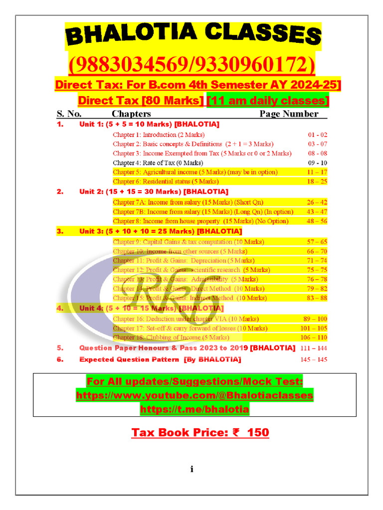 Tax 4sem 2024 (Bhalotia) (11 Am Daily Classes) | PDF