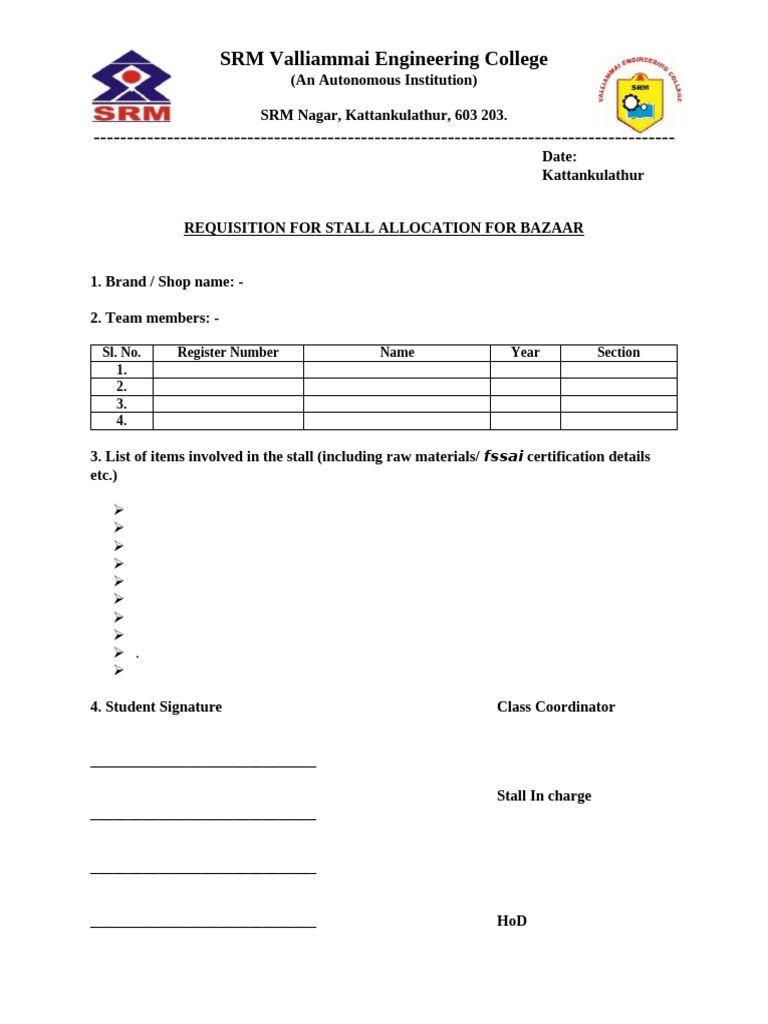 Bazaar Stall Allocation Request Form | PDF