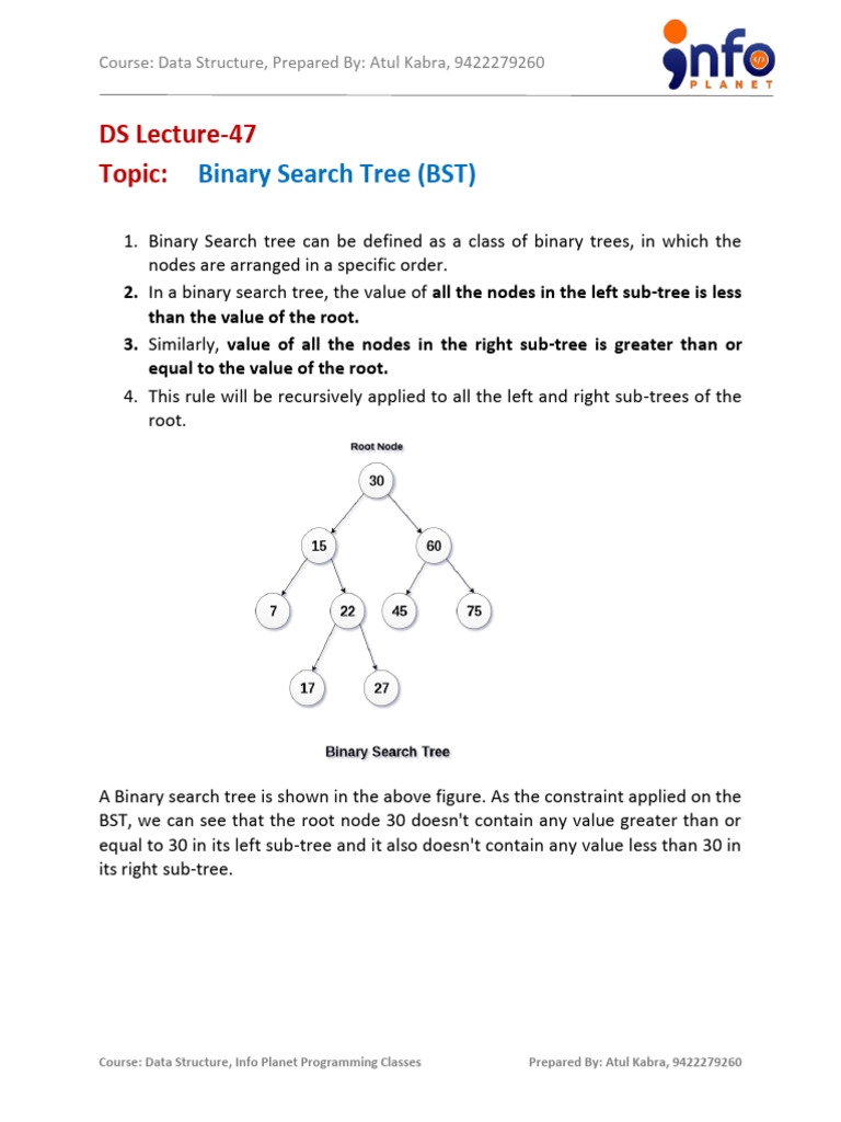 DS Lec-47 Binary Search Tree.8c85de4 | PDF | Algorithms And Data Structures | Computer Programming