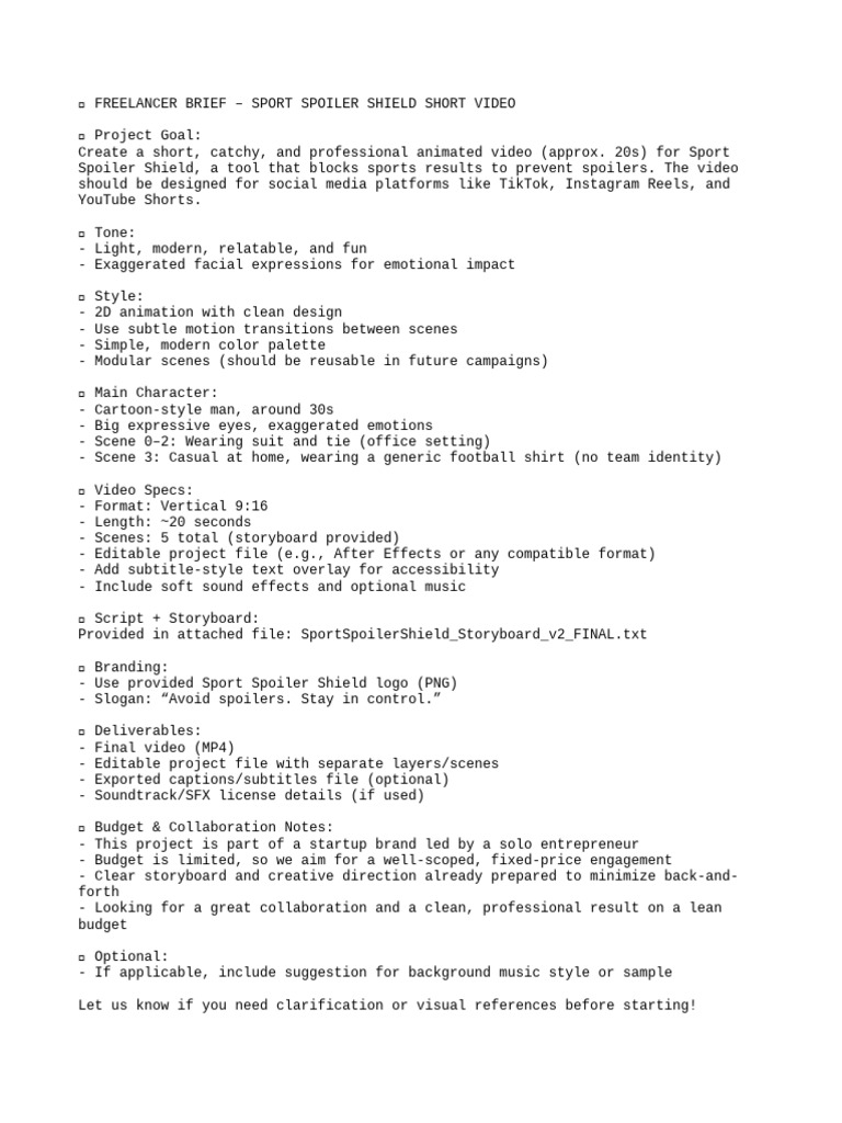 SportSpoilerShield Freelancer Brief | PDF