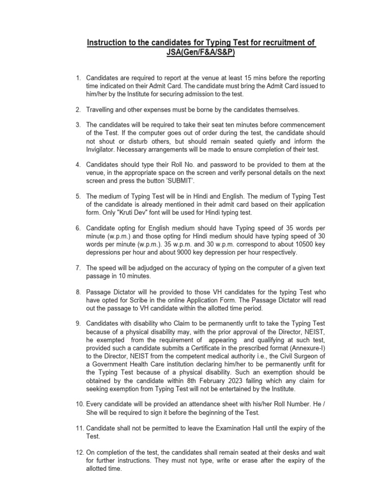 JSA Typing Test Instructions 2025 | PDF