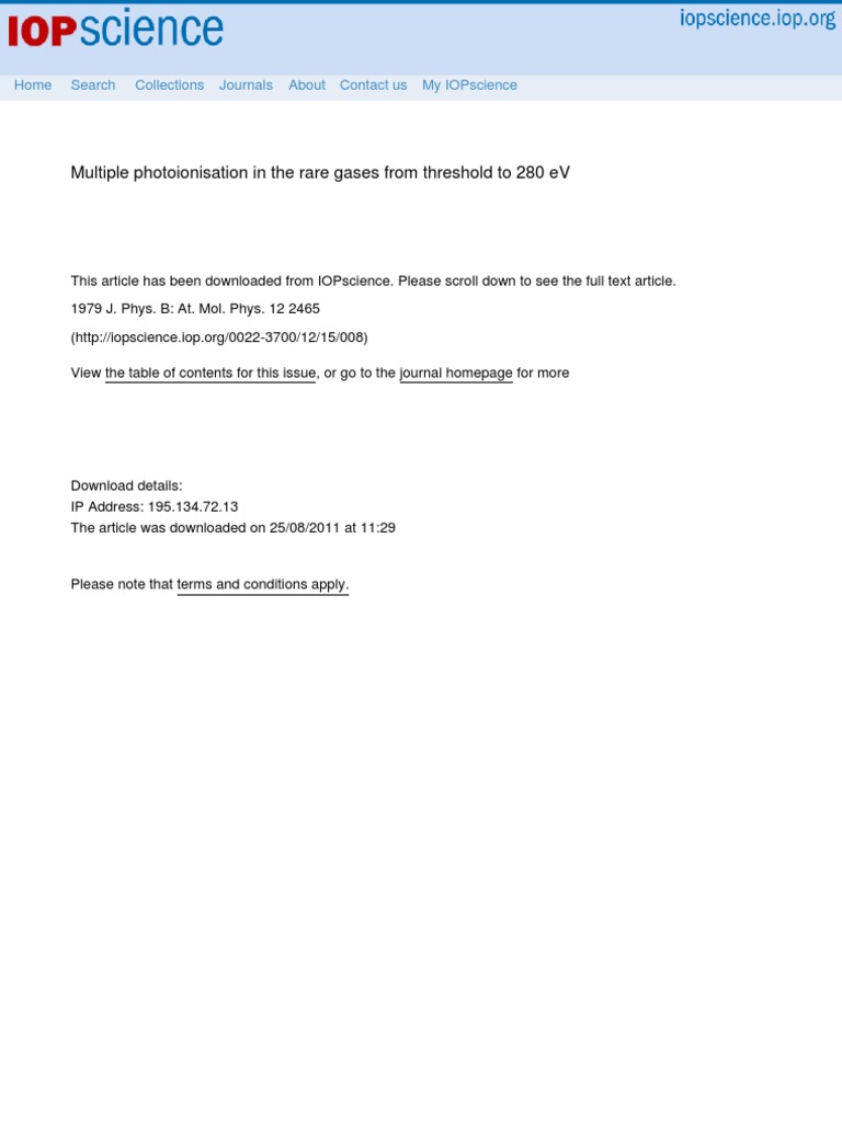Rare Gas Photoionisation Studies 280 eV | PDF | Ionization | Electron