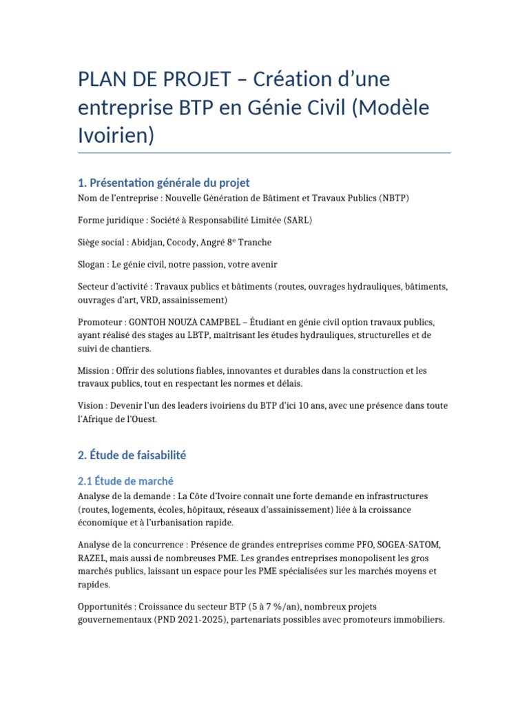 Plan Projet BTP Genie Civil CI | PDF | Business | Économie