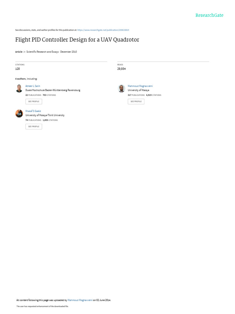 Flight PID Controller Design For A UAV Quadrotor | PDF | Quadcopter | Unmanned Aerial Vehicle