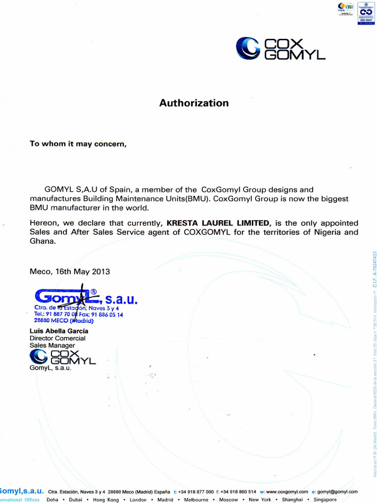 COXGOMYL Authorization Letter | PDF
