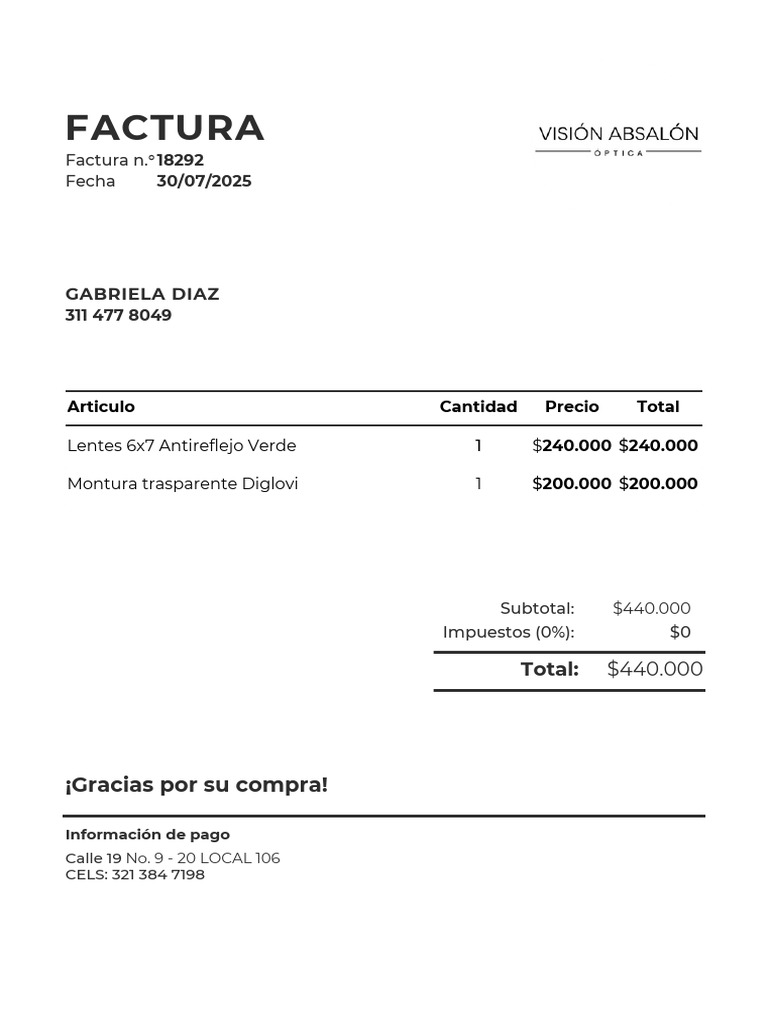 Factura Digital Óptica Absalon Óptica | PDF