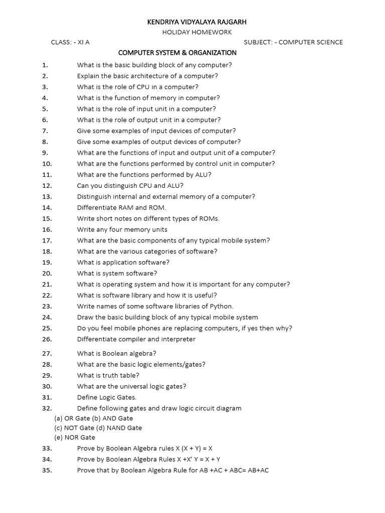 Holiday Homework Autumn Break Class Xi Computer Science | PDF | Computing | Computer Engineering