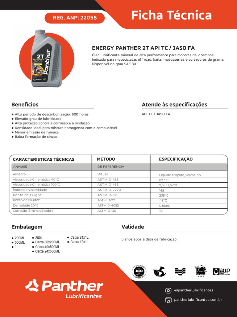 Lubrificante Energy Panther 2T API TC | PDF | Óleo de motor ...